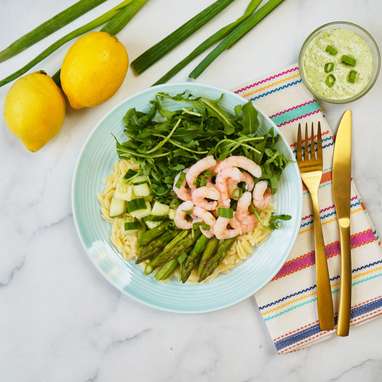Salade de crevettes de Matane, orzo citronné et mayo à la roquette ...